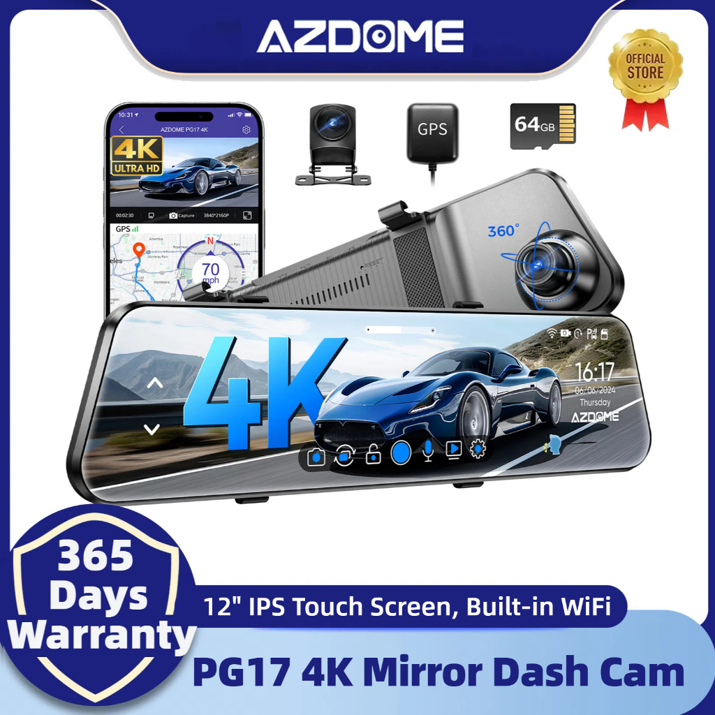 AZDOME PG17 4K Dashcam 2 Cameras Mirror Dash Cam 12 Inches with ...