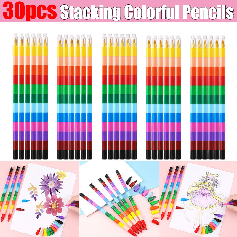30pcs Stacking Colorful Pencils for Kids 12 Colors Buildable Crayons ...