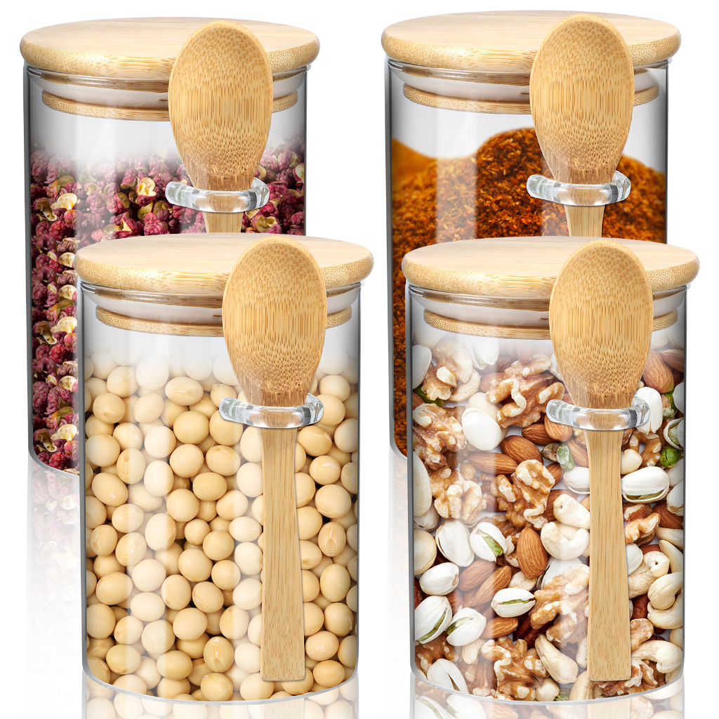 4Pcs Glass Jars with Bamboo Lids and Spoons 600ML Airtight Spice Jars ...