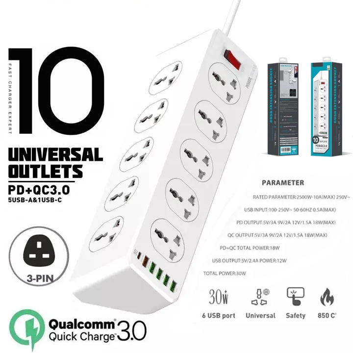 10 Outlets Universal Power Extension Socket With USB C Port 30W MAX ...