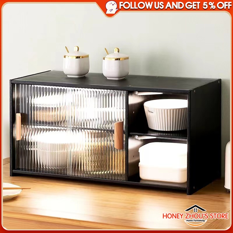 Black Kitchen Shelf Cabinet Table Top Cabinet with Sliding Door Cup ...