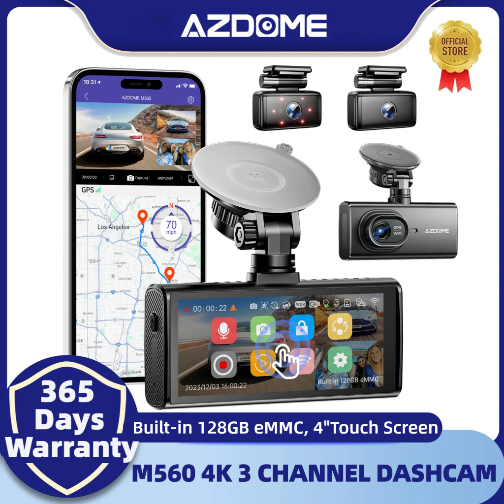 AZDOME M560 3 Channel 4K 128GB Dash Cam with 4" Touch Screen WiFi GPS G ...