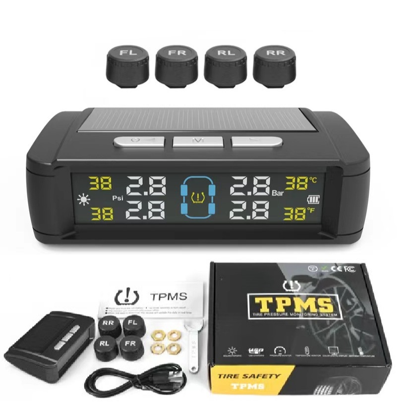 TPMS Wireless Tire Pressure Monitoring System Solar Car Tyre Pressure Alarm LCD Display ...