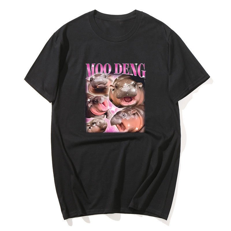Cute Moo Deng Baby Hippo Funny Meme T Shirts Men Women Casual Cotton ...