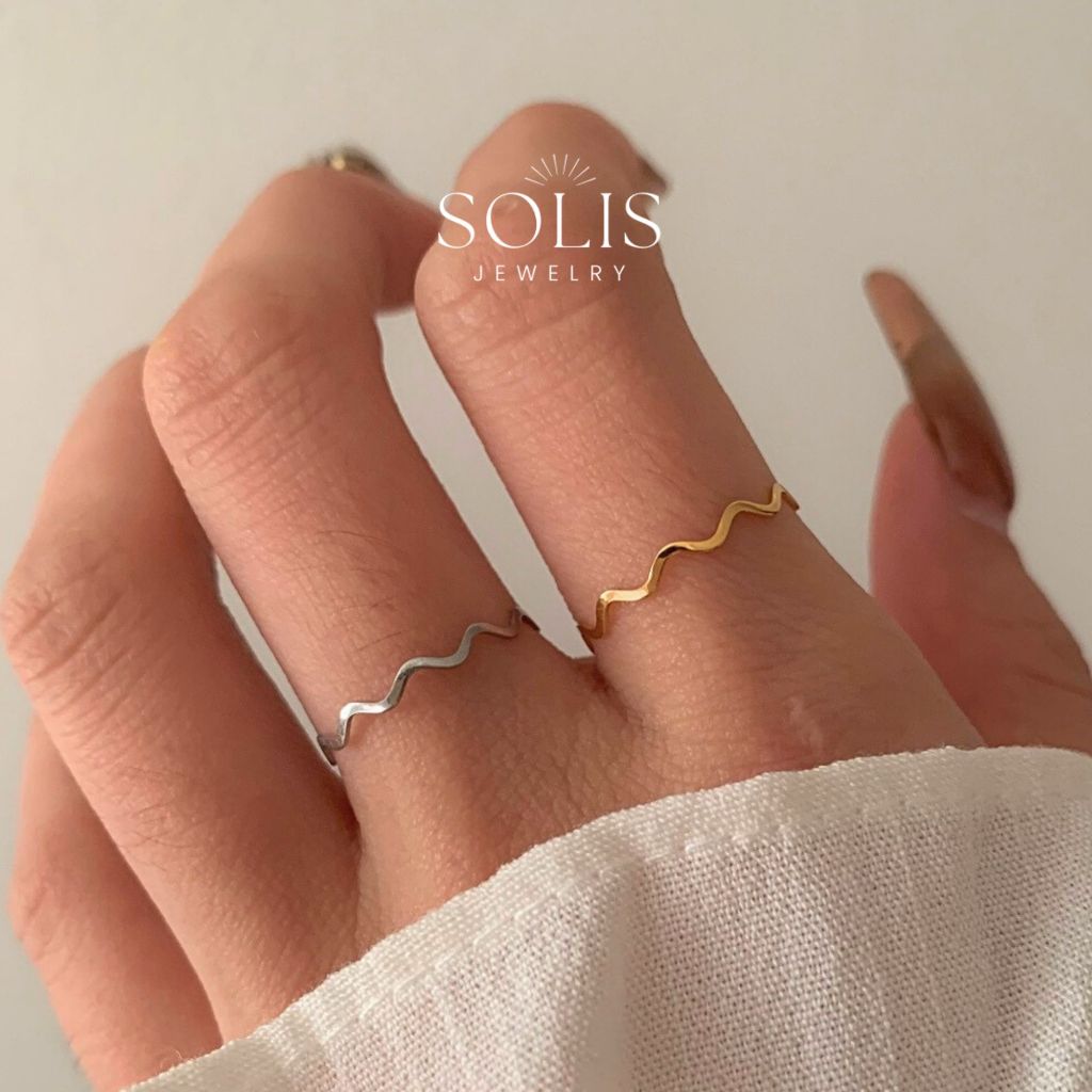 Thin Wave Simple Basic Layer Gold Ring • Waterproof Non-Fade Tarnish • 18K Gold Plated 316L ...
