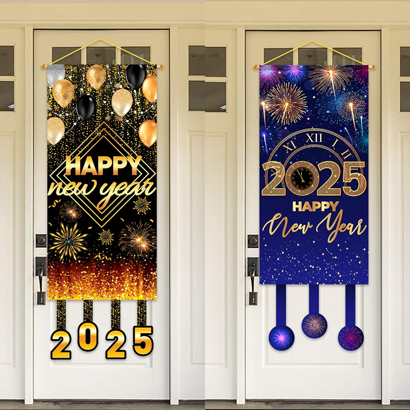 Black Gold Happy New Year Door Banner 2025 Design Tassel Purple Blue ...