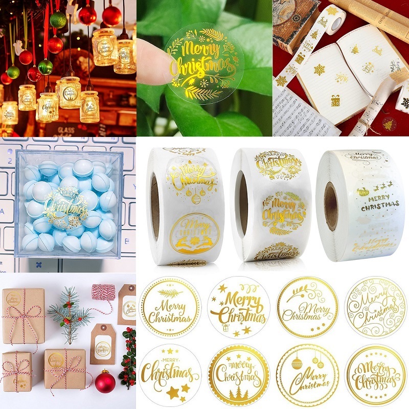 Merry Christmas Gold-plating Stickers Santa Snowman Pattern Design ...