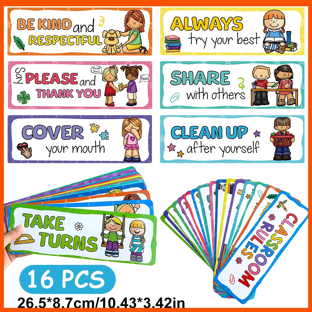 16Pcs Classroom Rules English Bulletin Posters Kids English Learning ...