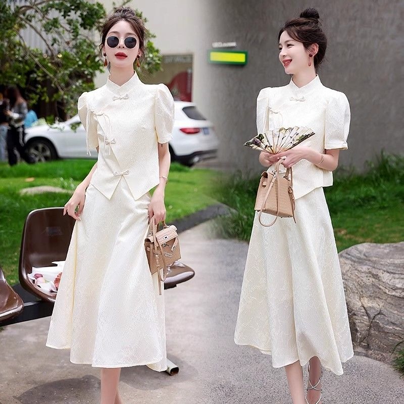 New Chinese Style Lace Cheongsam Set Terno Retro Jacquard Button Top ...