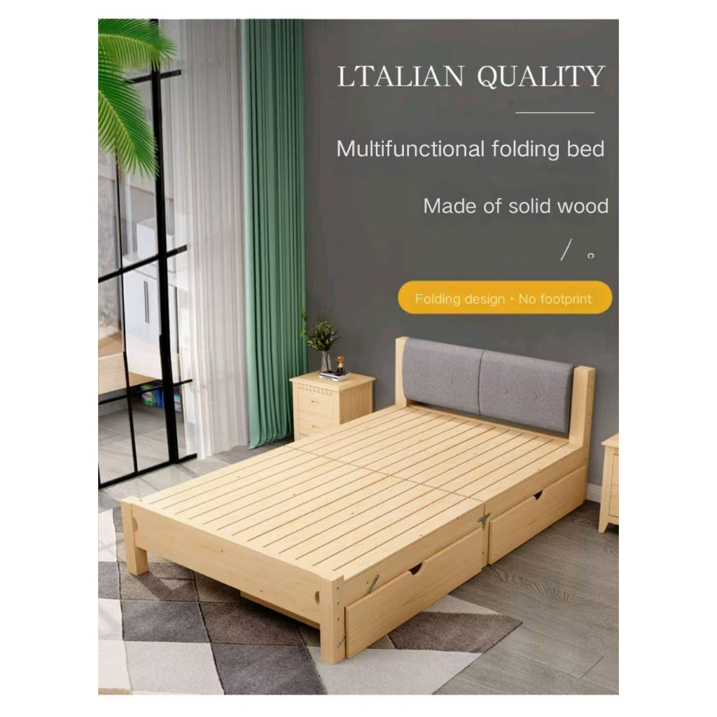 Queen Size Bed Frame Solid Wood Foldable Bed with Mattress Single Bed ...