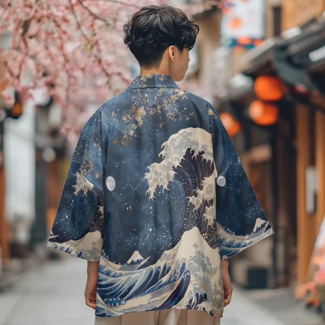 Samurai Ukiyoe Kimono Men Cosplay Stylish Wave Print Haori Streetwear ...