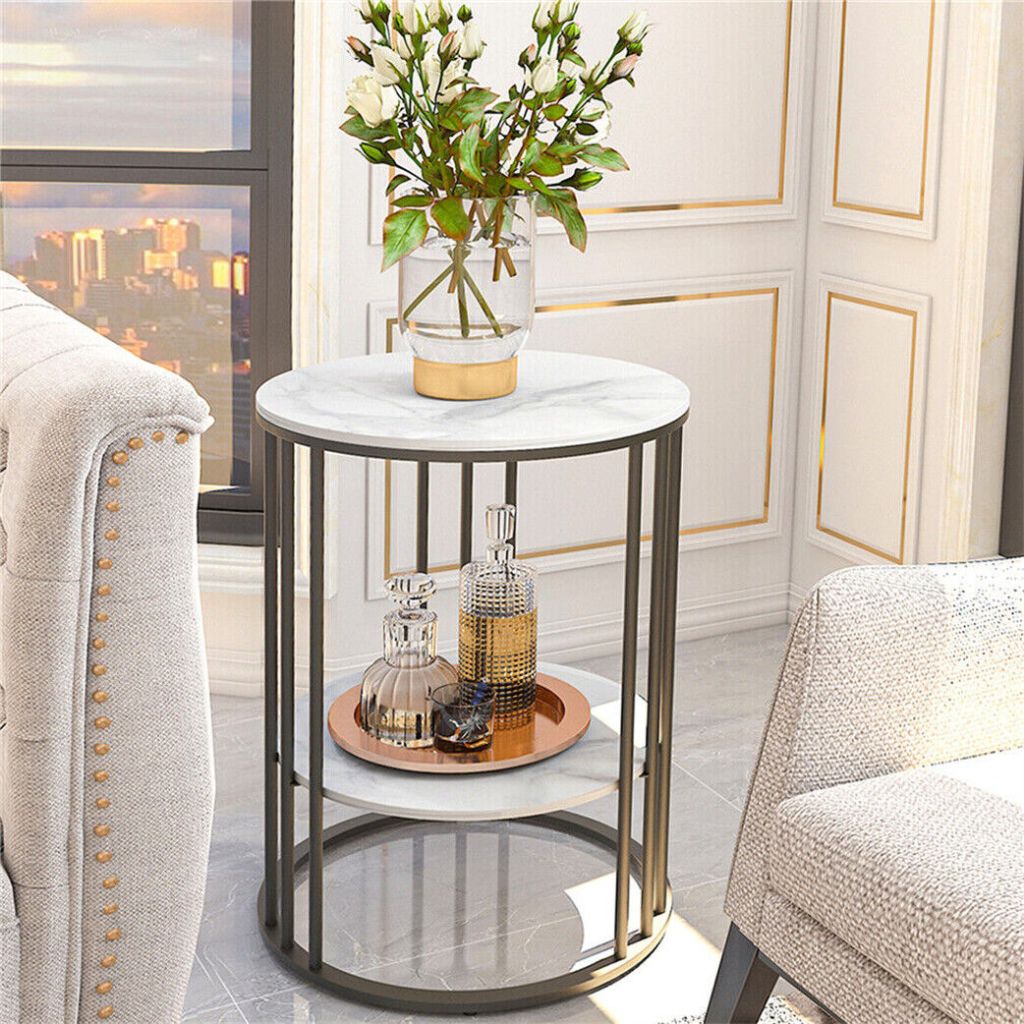 Modern Round Sofa Side Table Marble Coffee Table with Shelf Living Room ...