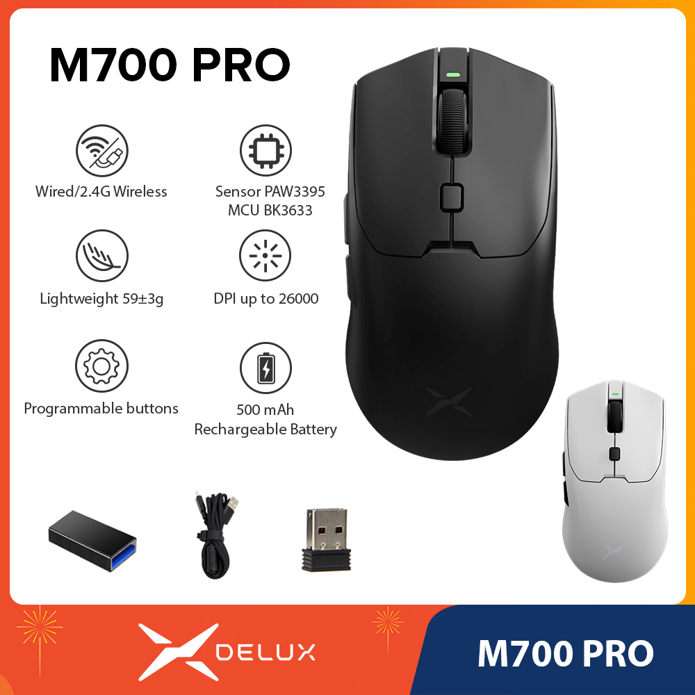 DELUX M700 PRO PAW3395 26000DPI 50G ACC Programmable Wireless Gaming Mouse 59g Lightweight Wired ...