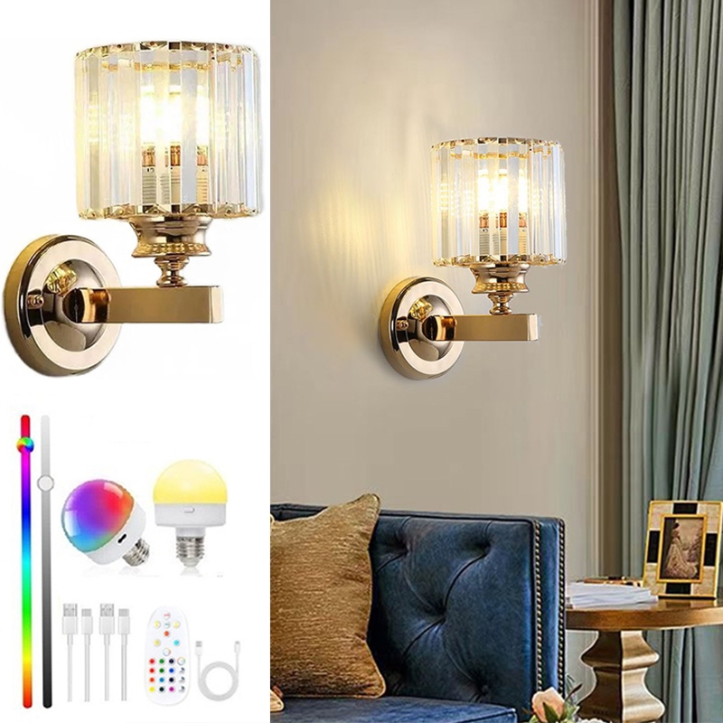 Wireless Rechargeable Crystal Wall Lamp With RGB Bulb Battery Powered ...