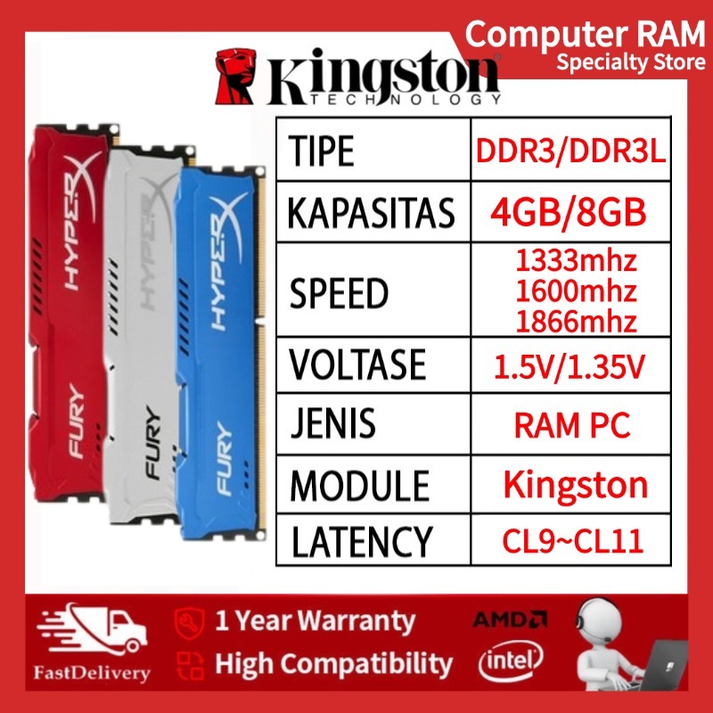 Kingston Hyperx Fury 4GB 8GB Ddr3 1333MHz 1600MHz 1866MHz 1.35V / 1.5V 240 Pin DIMM RAM Desktop ...