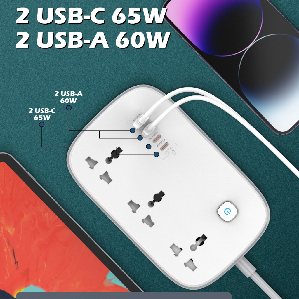 PD65W MAX USB C Charger with 3 Universal Power Socket Extension Board ...