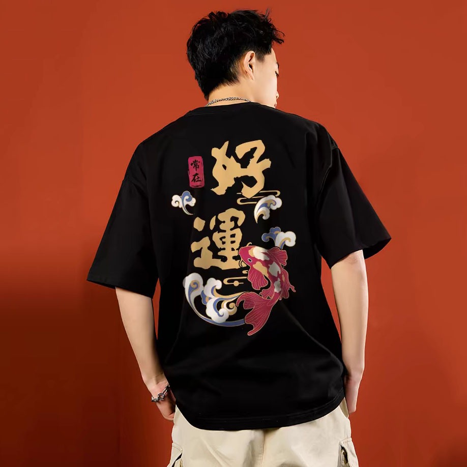 S-8XL 2025 CNY New Year Street Creative Koi Print Round Neck Short Sleeve T-shirt Men's and ...