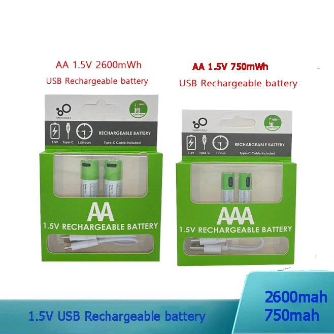 AA + AAA USB Rechargeable battery 1.5V AAA 750mWh/AA 2600mWh li-ion ...