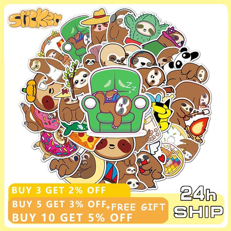 50PCS Kawaii Sloth Cartoon Stickers for Guitar DIY Bicycle Skateboard ...