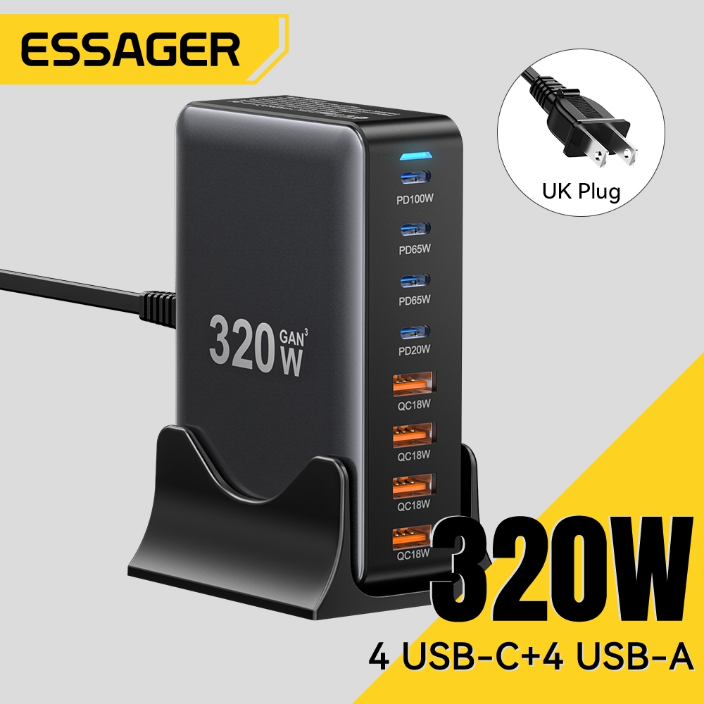 ESSAGER 320W GaN Charger 4A+4C Port Adapter Fast Charging Support PPS ...