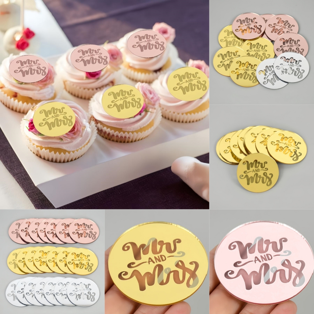 12 Pieces Mr Mrs Cupcake Toppers, Wedding Cake Topper Round Mirror ...