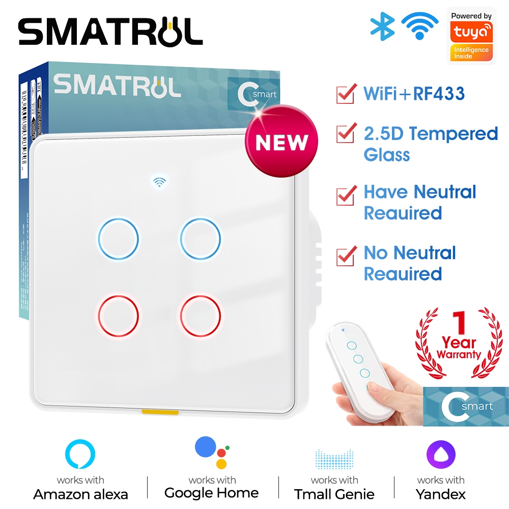 SMATRUL Tuya Smart Switch WiFi Smart Light Switch No Neutral Glass Wall Light Remote Control ...
