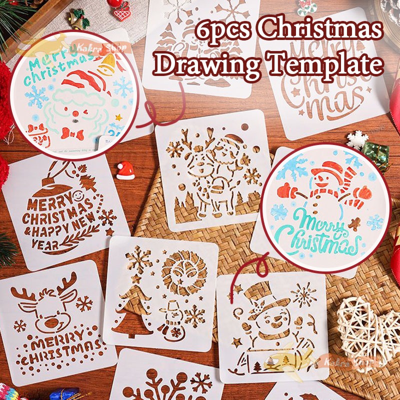 6pcs Merry Christmas Drawing Template Santa Claus Snowman Deer DIY ...