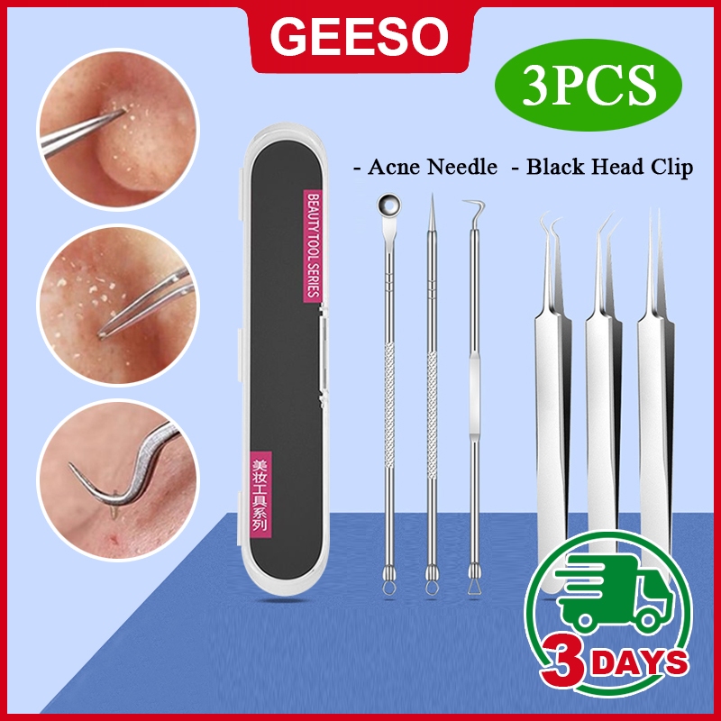 GEESO 3Pcs Pimple Black Head Clip Acne Removal Needle Face Tweezer Flat ...