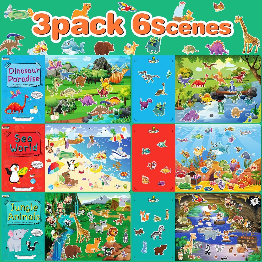 Sticker Activity Books Set - Dinosaur Paradise, Ocean World, Jungle ...