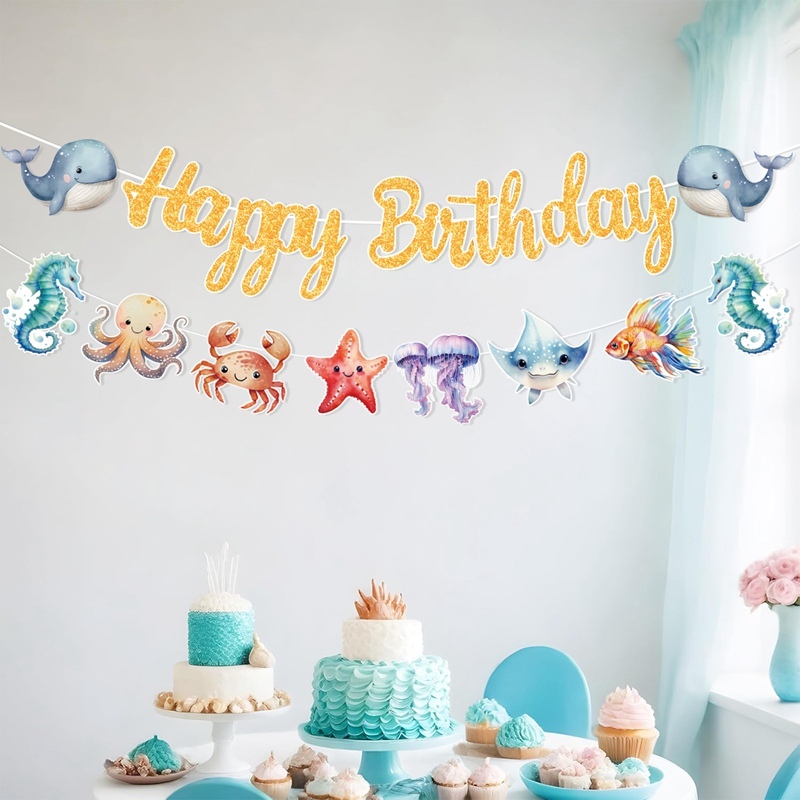 Ocean Theme Birthday Hanging Flag Cute Marine Animal Design Happy ...