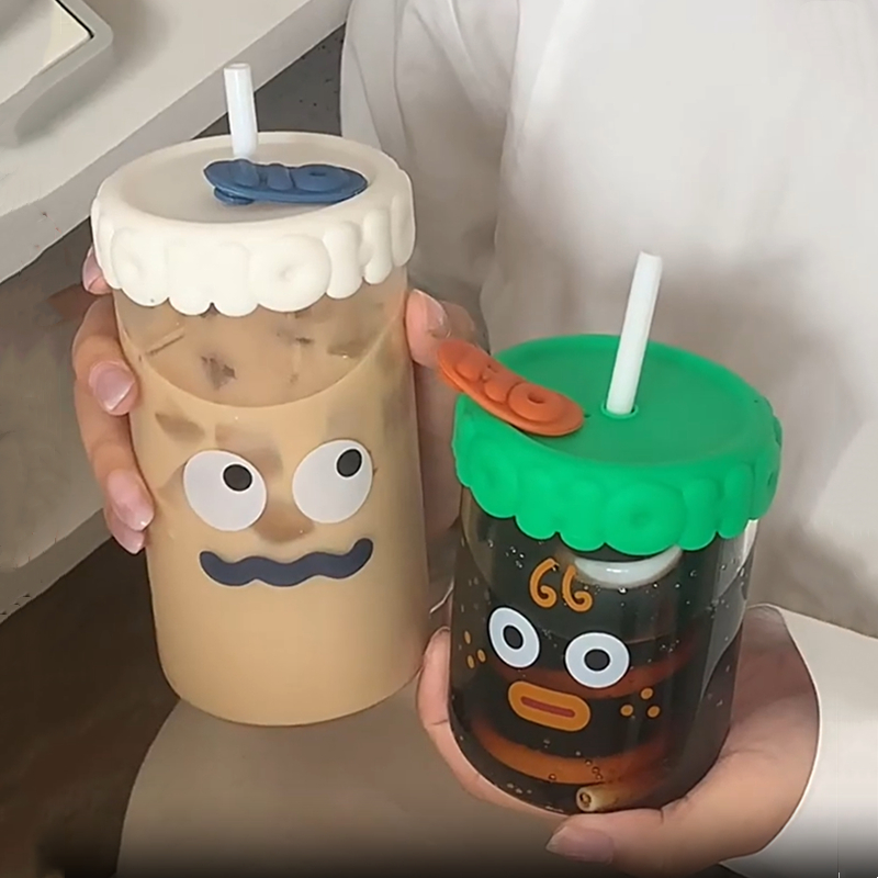 380ml/520ml Cute Expression Glass Water Bottle With Straw Portable Adult Student Coffee Milk ...