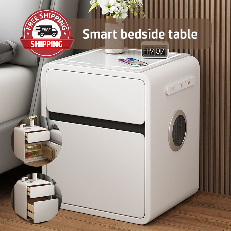 Smart Solid Wood Bedside table Safe with Wireless Charging/USB/LED ...