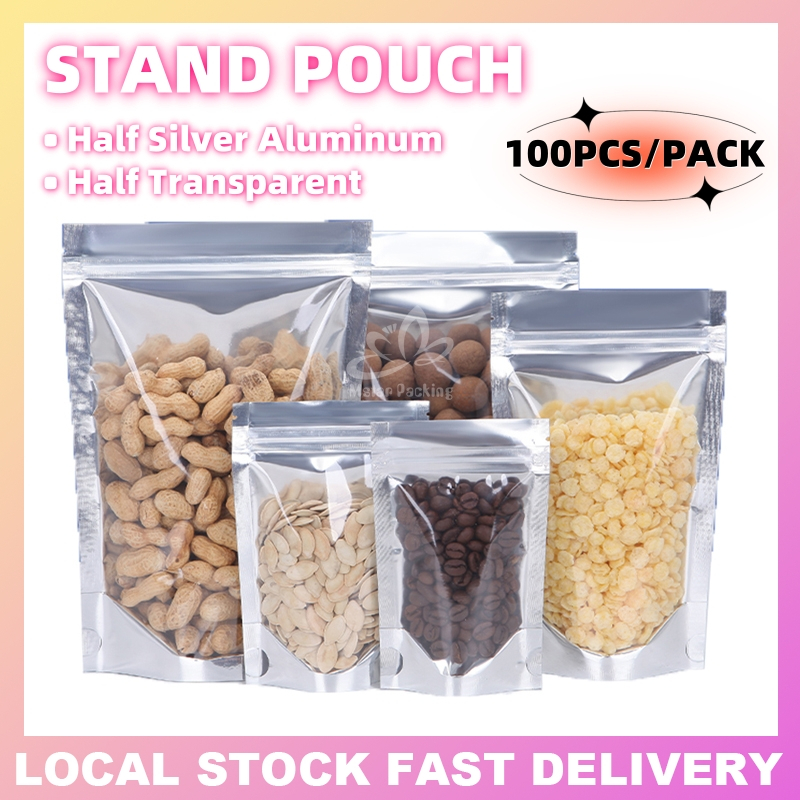 100pcs Aluminum Foil Ziplock Bag Silver Transparent Standing Pouch Food Grade Resealable ...