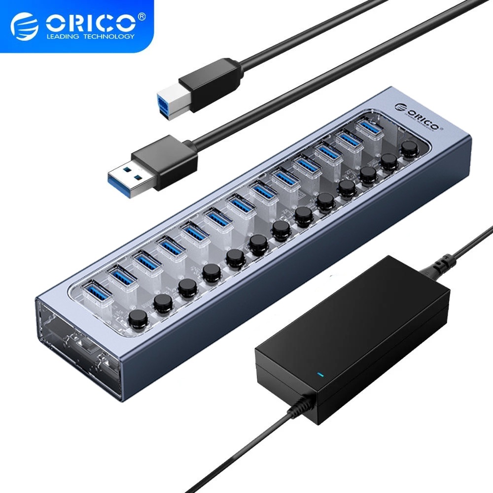 ORICO USB Hub with Power Adapter Industrial USB 3.0 HUB 7 Ports Aluminum + Transparent USB ...