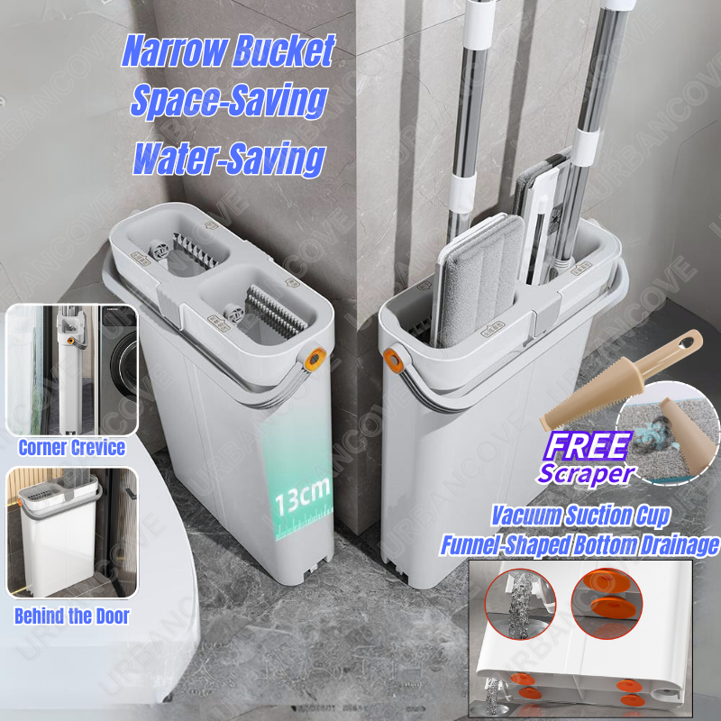 [SG STOCK]Flat Mop and Bucket Set Scraper Cleaning Hands-Free Mop Wet ...