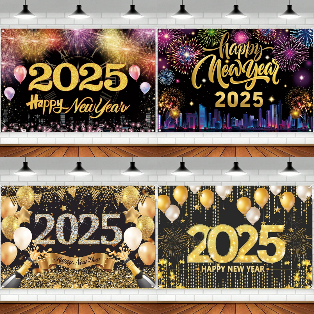 150*100cm Happy New Year Backdrop Polyester Fireworks Balloon Design ...