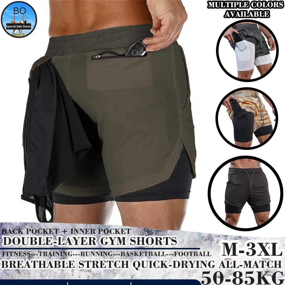 BOSPORT Male Gym Shorts Sport Fitness Double Layer Running Shorts Quick ...