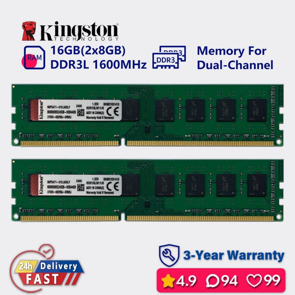 Kingston 16gb 8gb 1600mhz ddr3l Dual Channel Desktop memory dimm pc3l ...