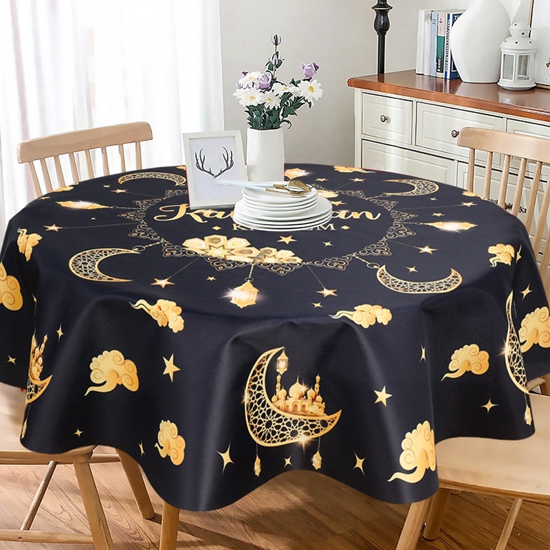 Black Gold Ramadan Kareem Round Table Cover Moon Star Printed Polyester ...
