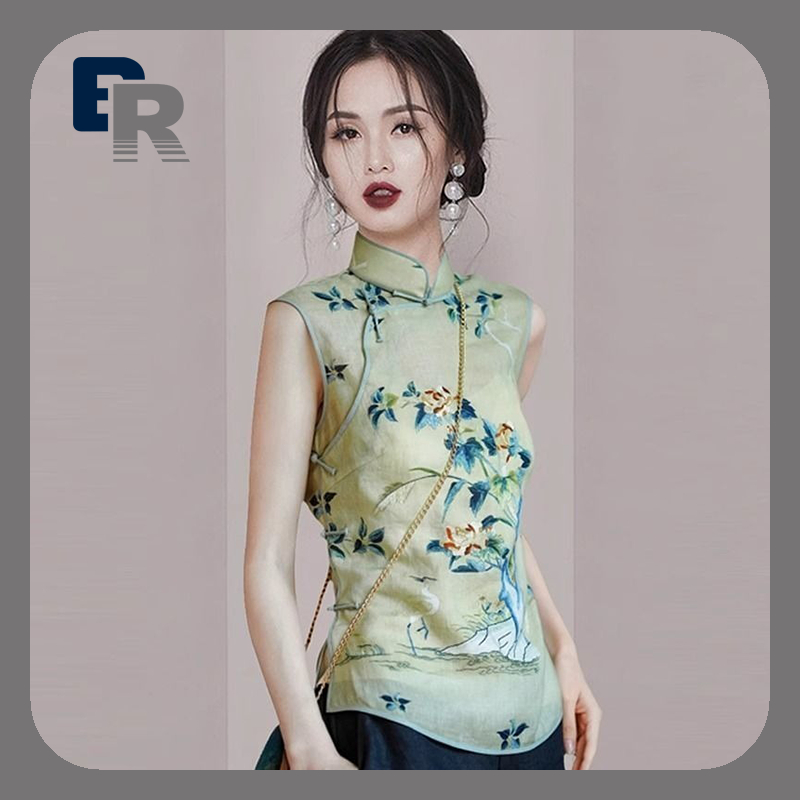 High End New Chinese Style Floral Qipao Top Retro Sleeveless Mandarin ...