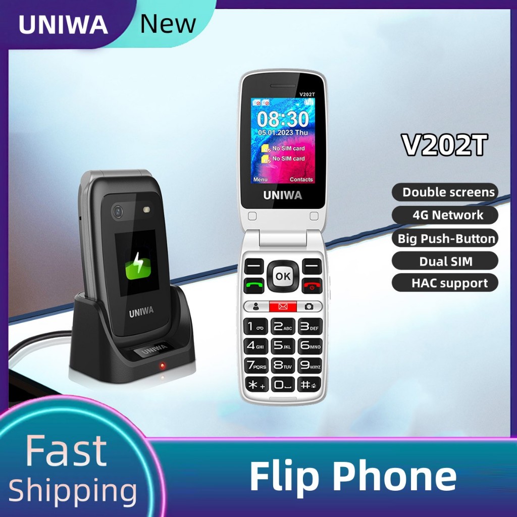 4G VoLTE Feature Phone UNIWA V202T Dual Screen Big Push-Button Flip Mobile Phone for Elderly ...