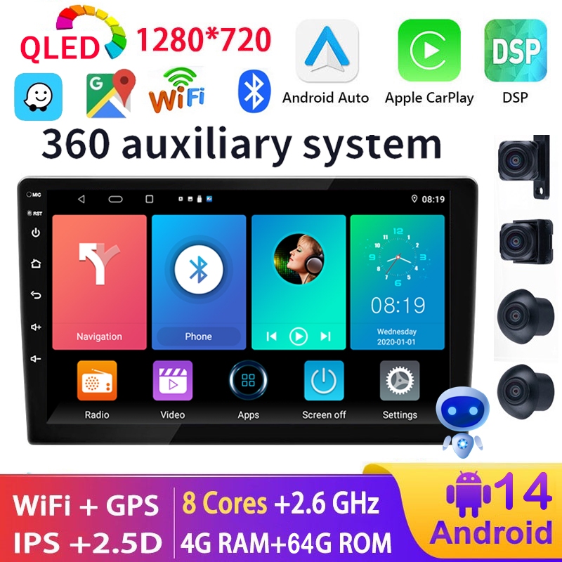 8 Core 4G+64G QLED Car Radio Android Player with 360 Camera Car System Car Player Support WIFI ...