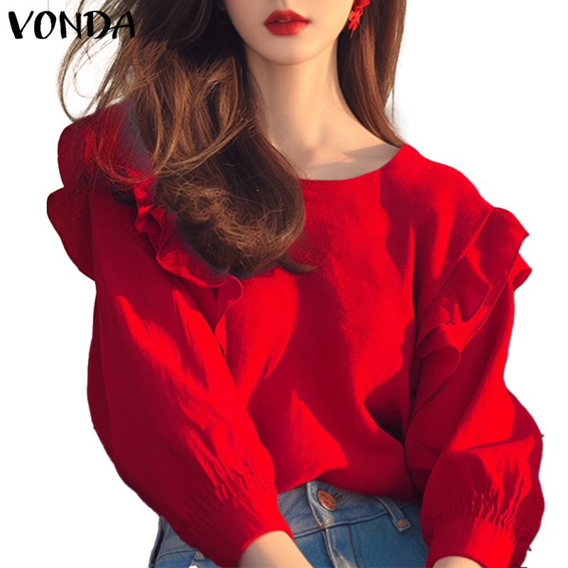 VONDA Women Korean Casual Round Neck Ruffle Long Sleeve Solid Color ...