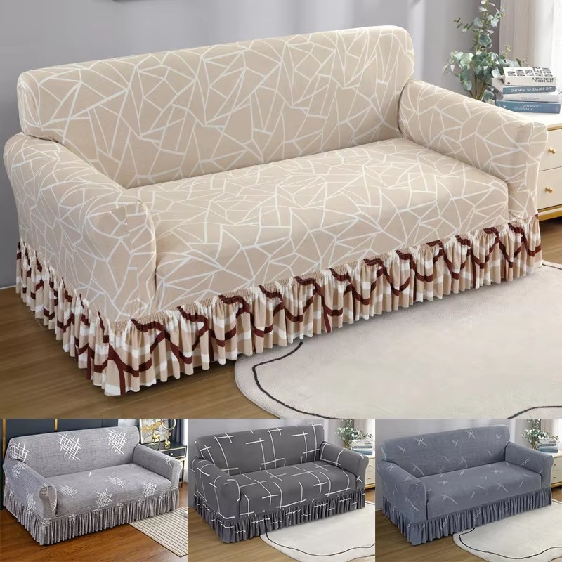 Stretch Print Sofa Cover With Skirt Elastic Sofa Armchair Cover 1/2/3/4 ...