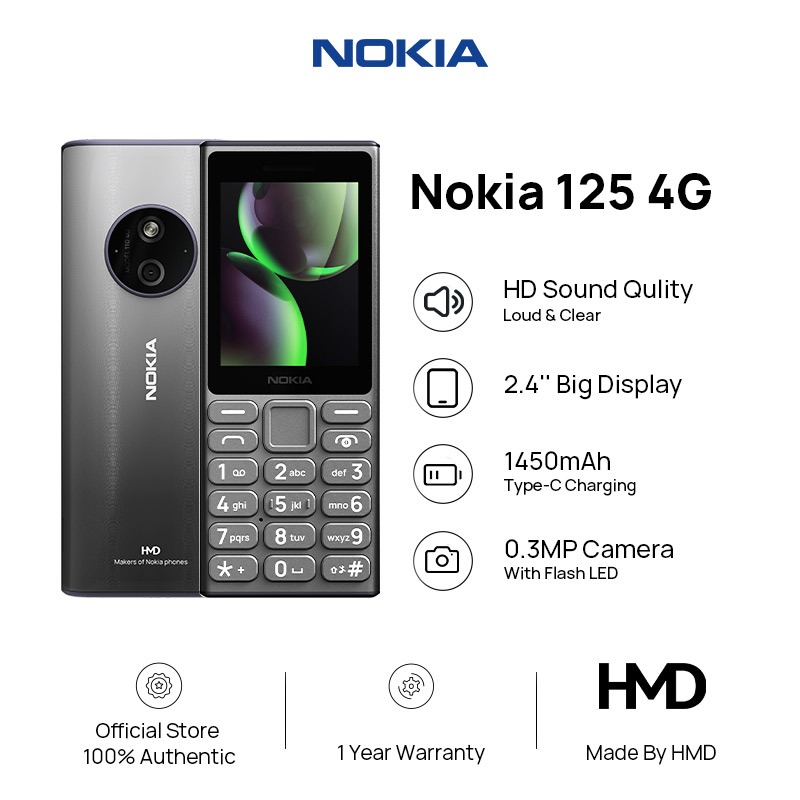 Nokia 125 4G Basic Phone Original 2.4'' Dispaly Type-C Rear Cam with Flash LED Bluetooth 5.0 ...