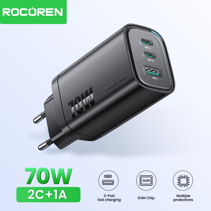 Rocoren GAN 70W 2C+1A Portable Travel Fast Charging Charger PD QC3.0 ...