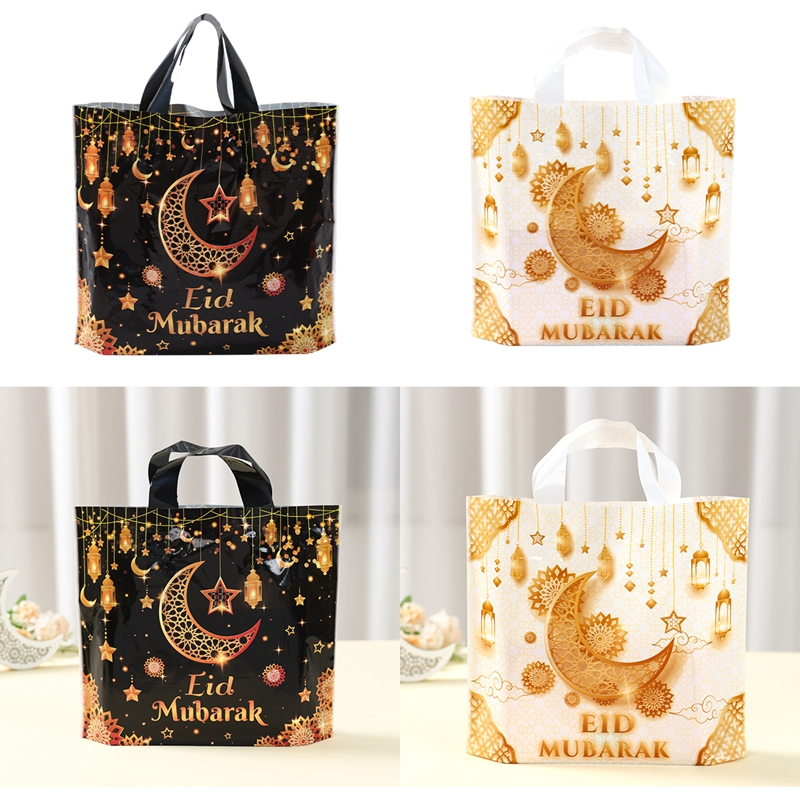 25/50PCS Black Gold Eid Mubarak Reusable Gift Bags With Handles Plastic ...