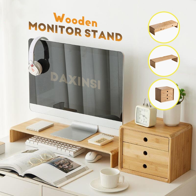 DAXINSI Solid Wood Monitor Stand With Drawer Monitor Riser Computer ...