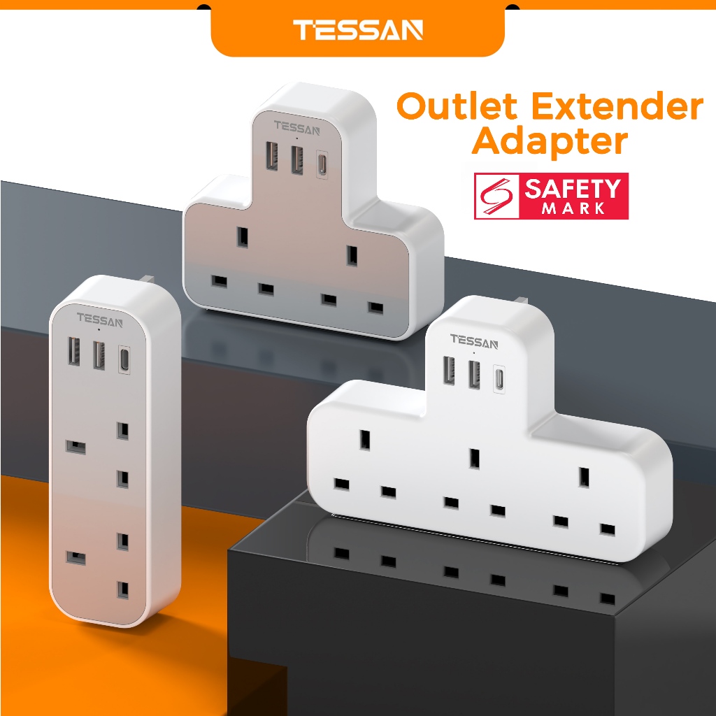 TESSAN Extension Plug with USB+Type C,Vertical Multi Plug USB Charger ...