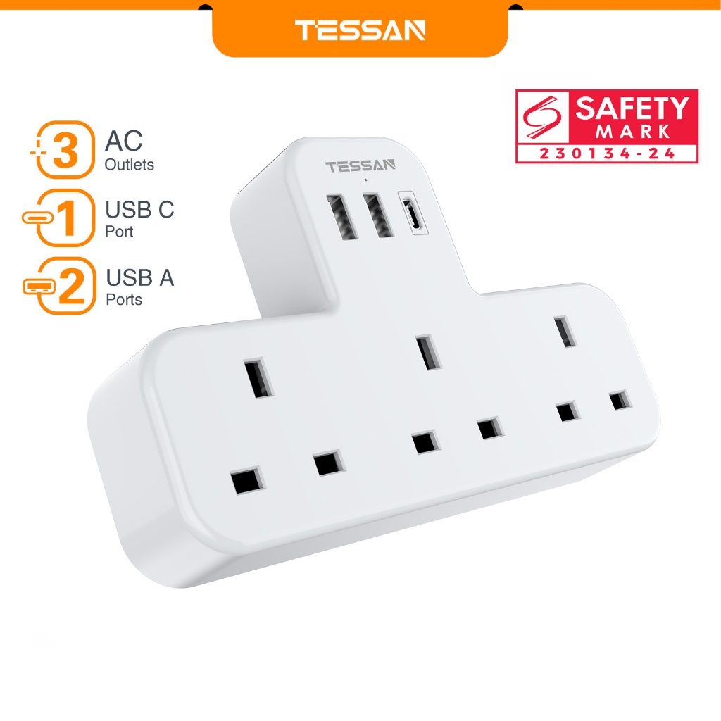 TESSAN Multi Plug Extension with USB+Type C,6 in 1 Multi Functional ...